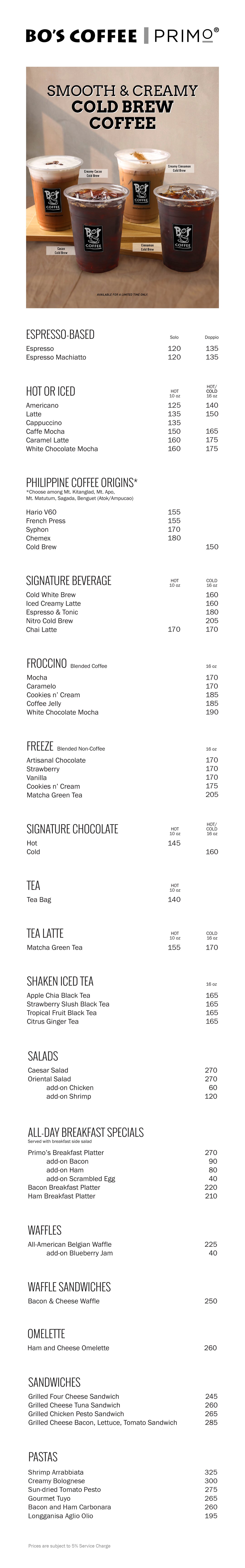Philippine Coffee Bo's Coffee Primo Store Menu